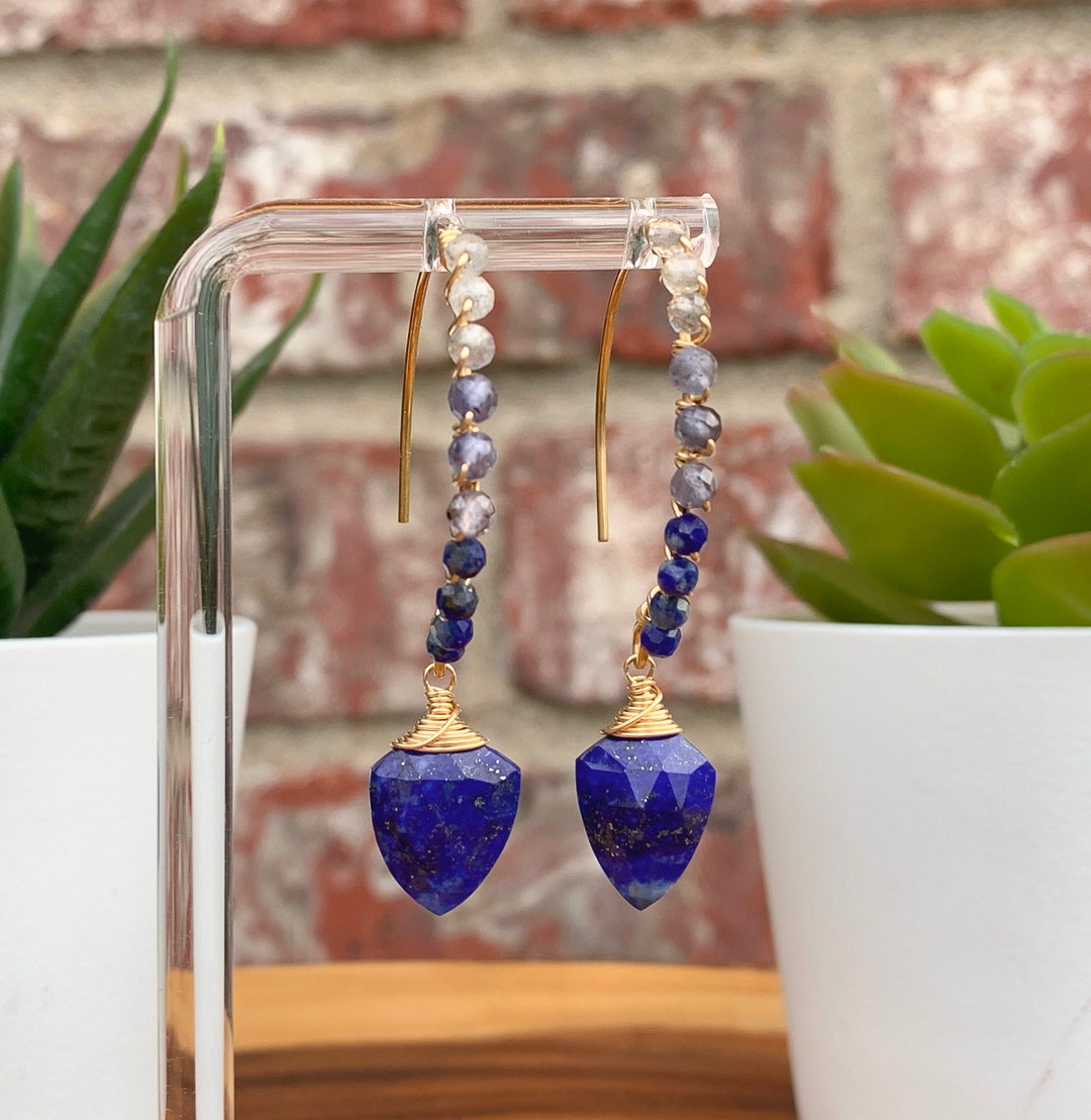 Vibrant, Ombré Lapis Lazuli Gemstone Dagger Gold Threader Hoop Earrings ...