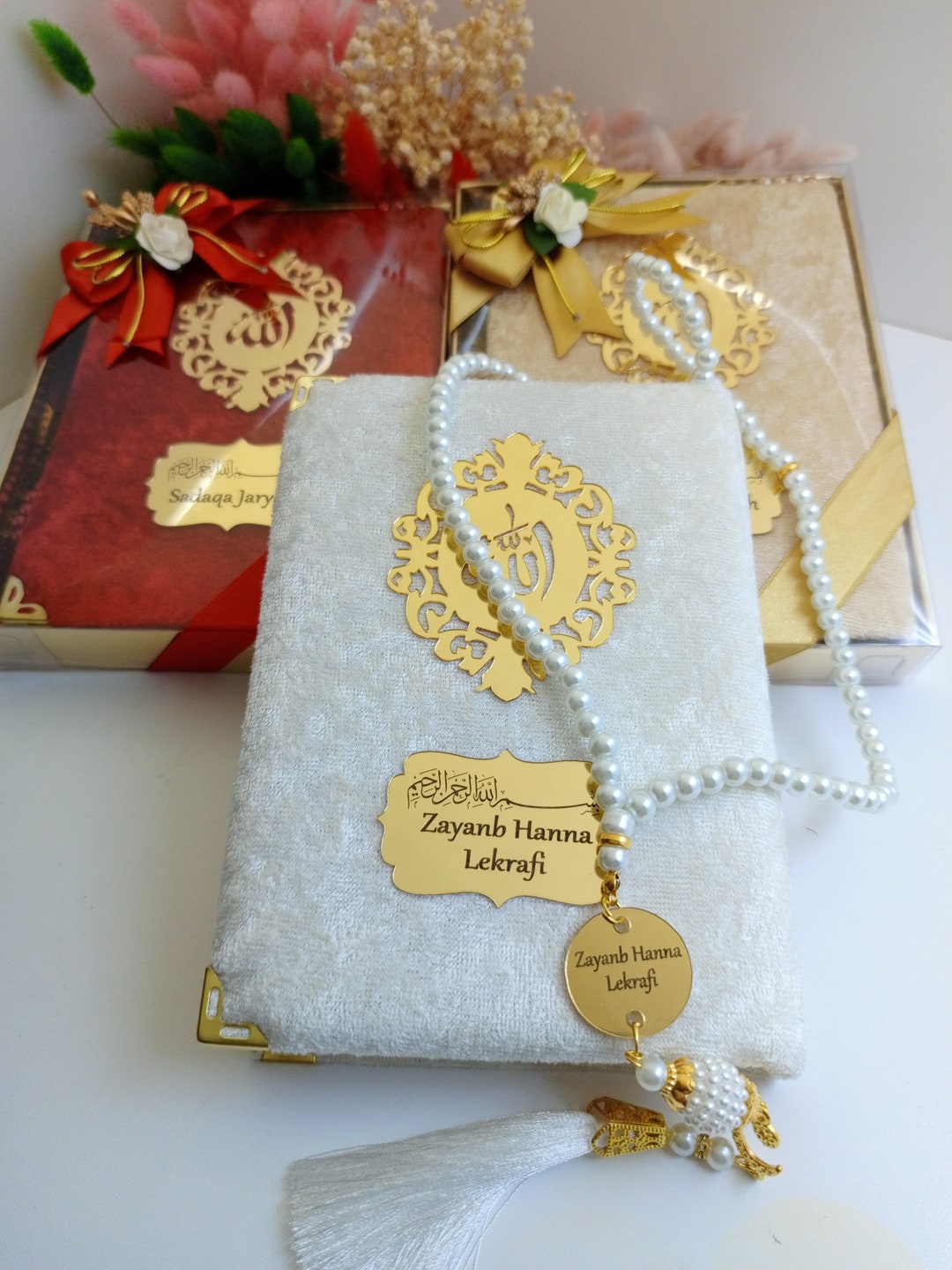 Personalized Prayer Velvet Quran Pearl Prayer Beads Islamic Gift Set ...