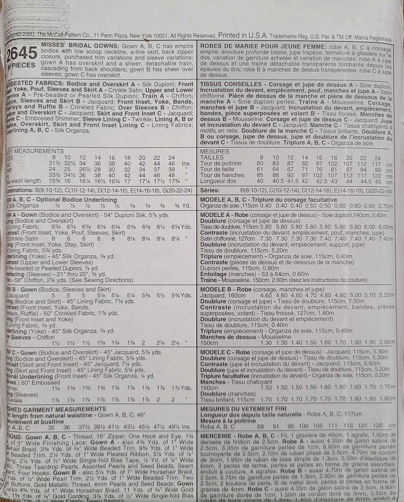 Mccall's Sewing Pattern 2645 Misses' Bridal Gowns - Etsy