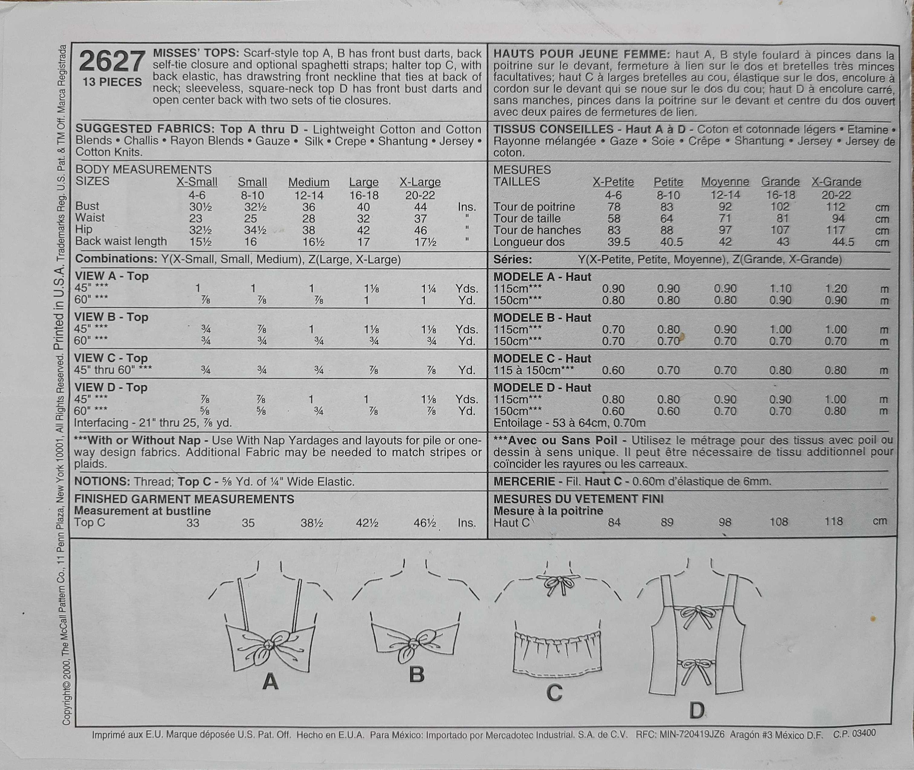Mccall's Sewing Pattern 2627, Misses' Tops, Size Y (xsm-sml-med ...