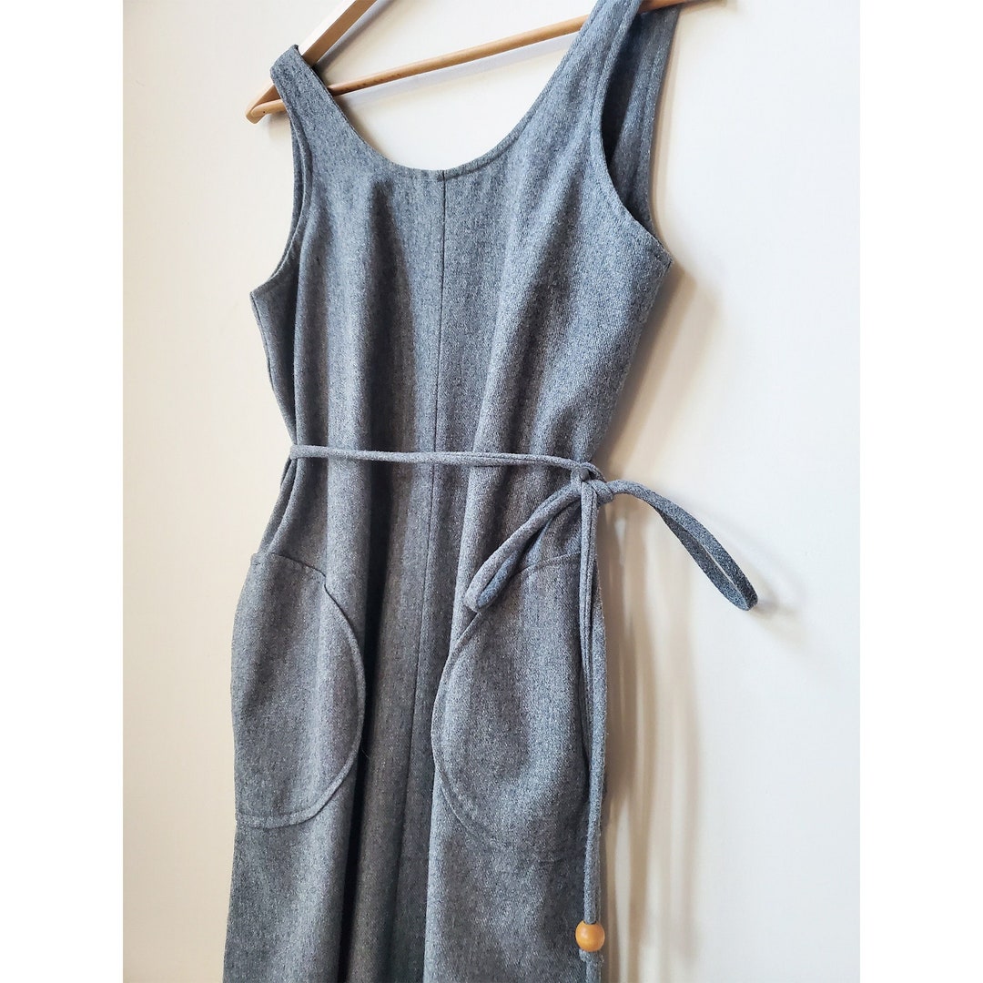 Vintage 70's Sweet Medium Gray Wool Flannel Apron Wrap Midi Jumper ...