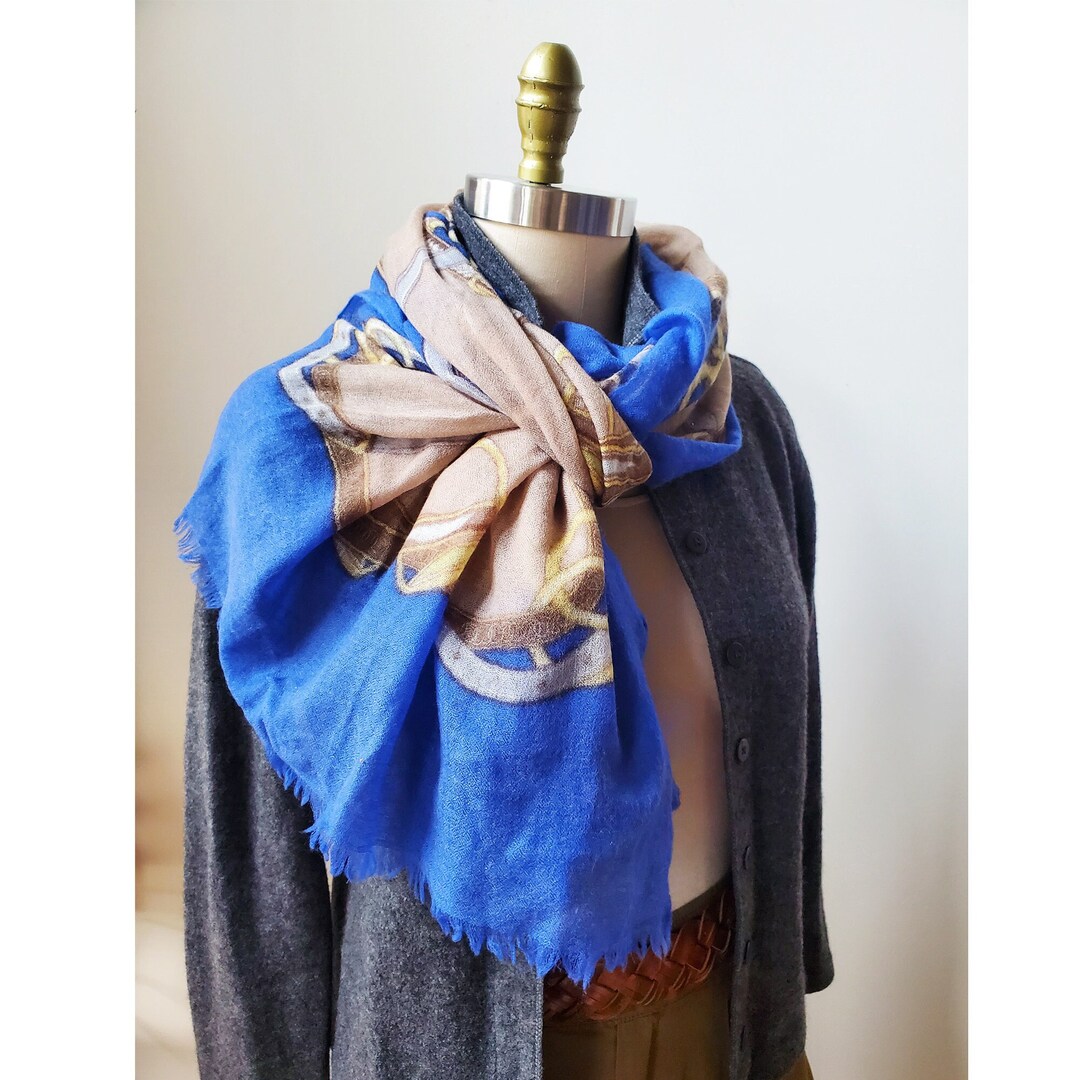 Vintage Paul Stuart Cashmere Scarf: Equestrian Chain Print, Cerulean ...
