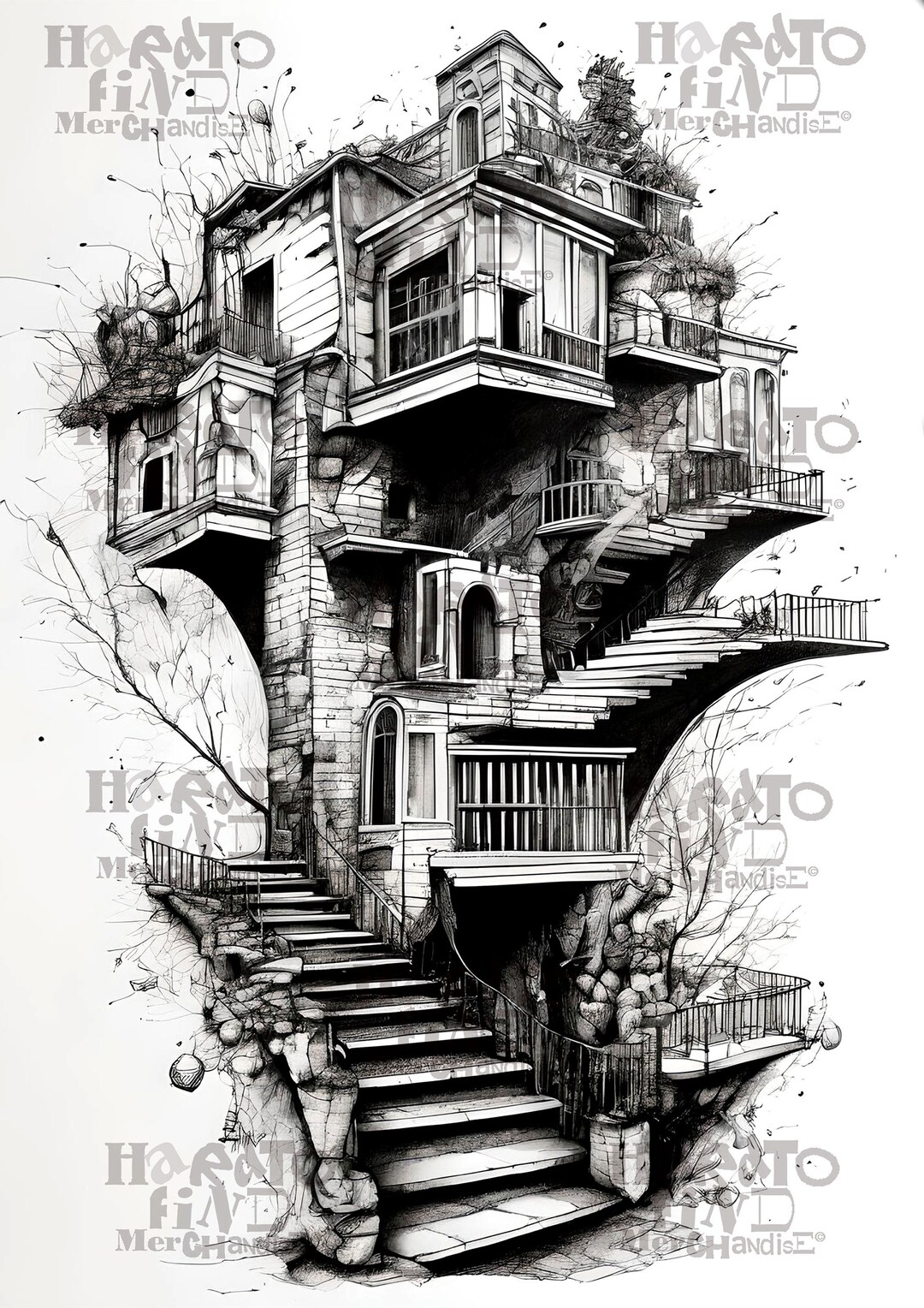 Surrealism Stairs Wall Art Print A4 Poster Size, Surreal Home Art Deco ...