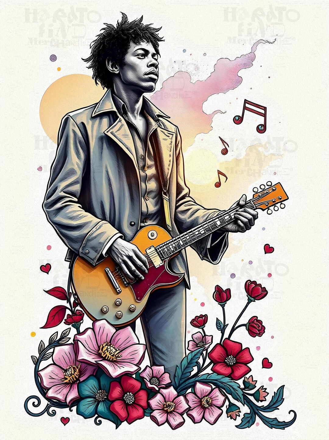 Jimi Hendrix Hippie Floral Retro Musical Notes Wall Art Canvas Poster ...