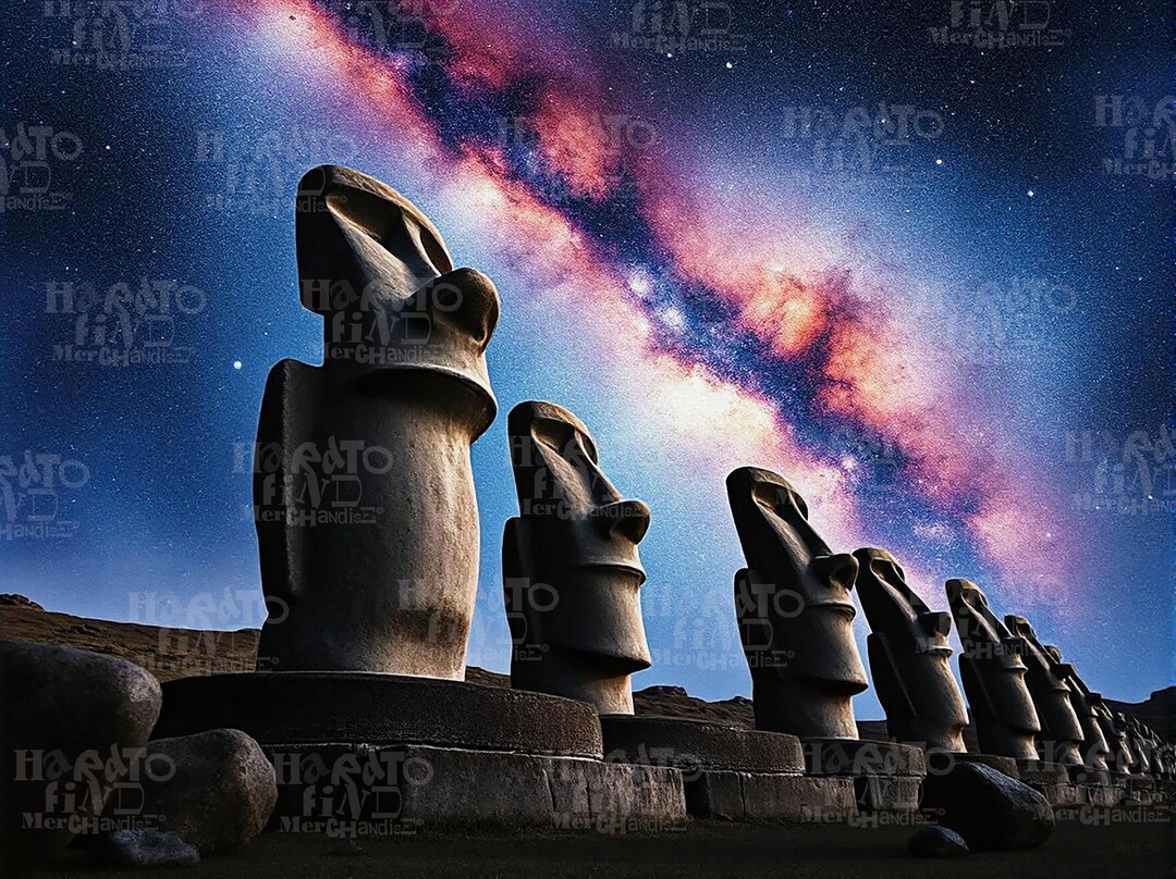 Moai Statues Milky Way Art, Oil Paint Style Digital Poster, Instant Download Printable Print ...