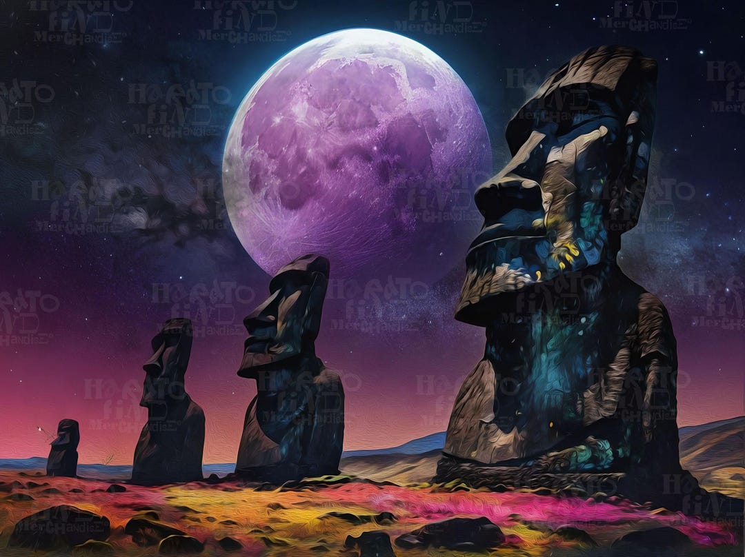 Moai Statues Wall Art Decor, Cool Night Sky, Large Purple Moon Poster ...