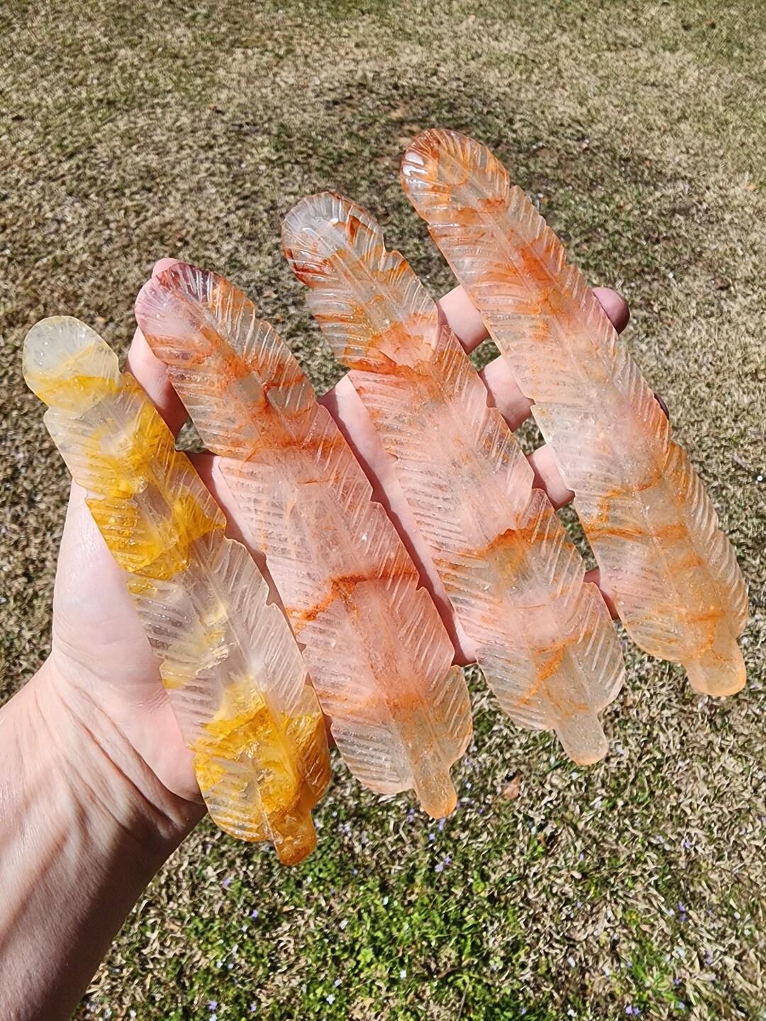 Quartz Feather Carving With Display Stand | Golden Healer | Crystal ...