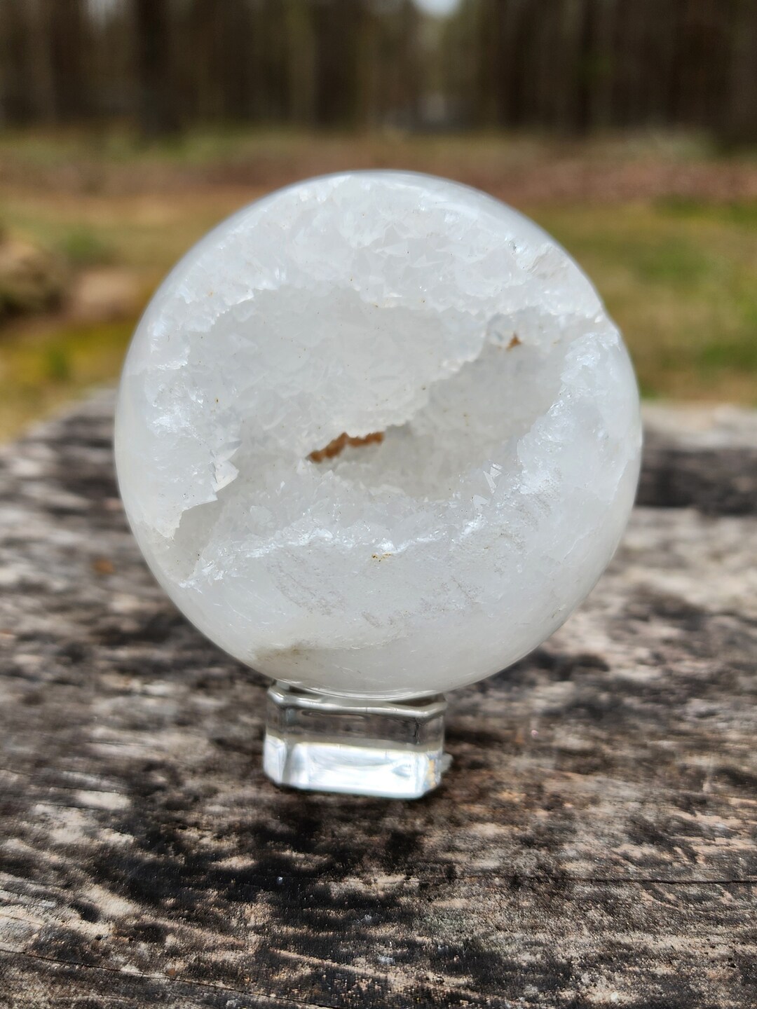 Druzy White Agate Sphere With Glass Sphere Holder | 12 Ounces | 68mm in ...