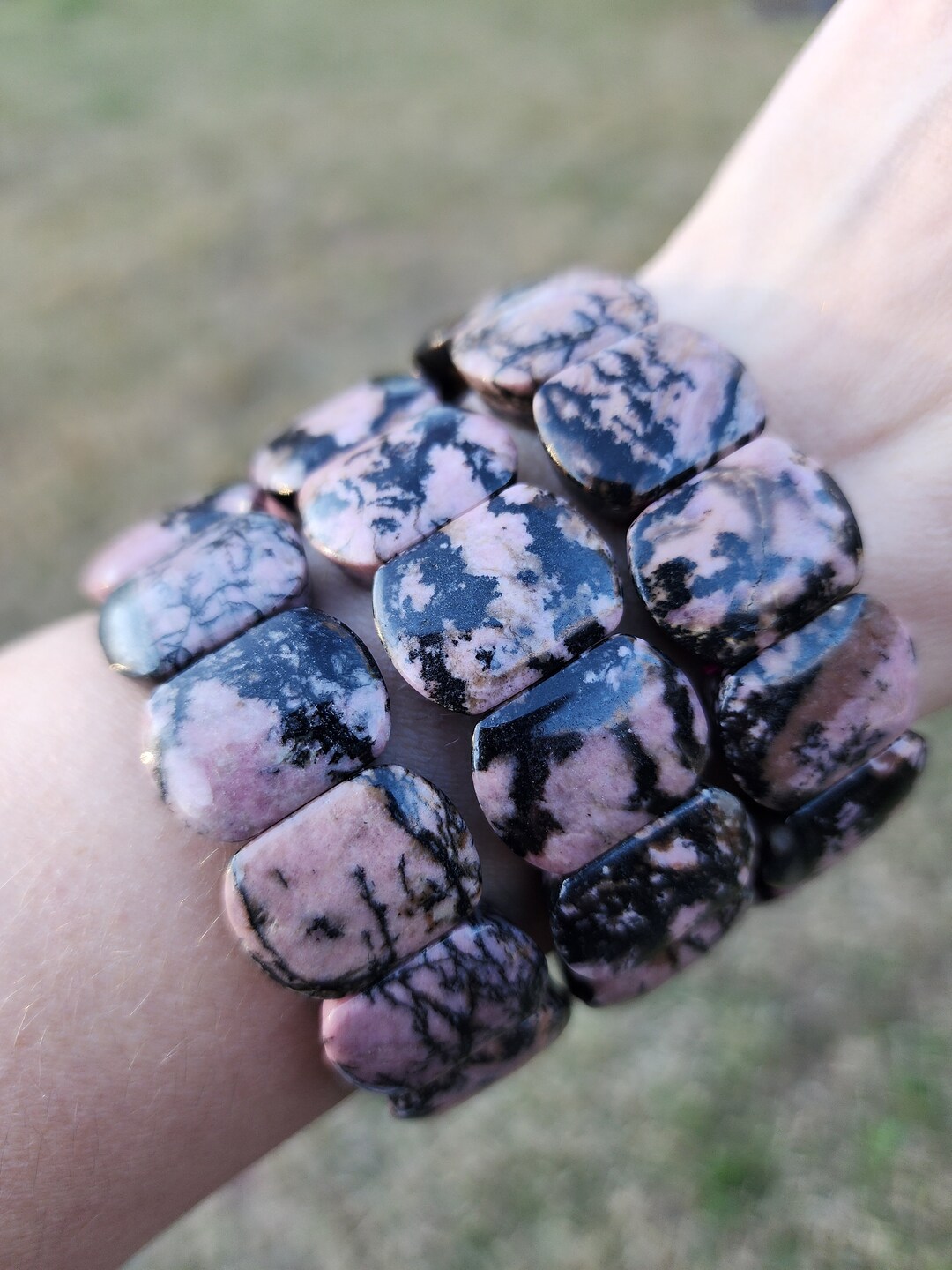 Rhodonite Beaded Bangle Bracelet | Flat Roundsd Rectangular Beads ...