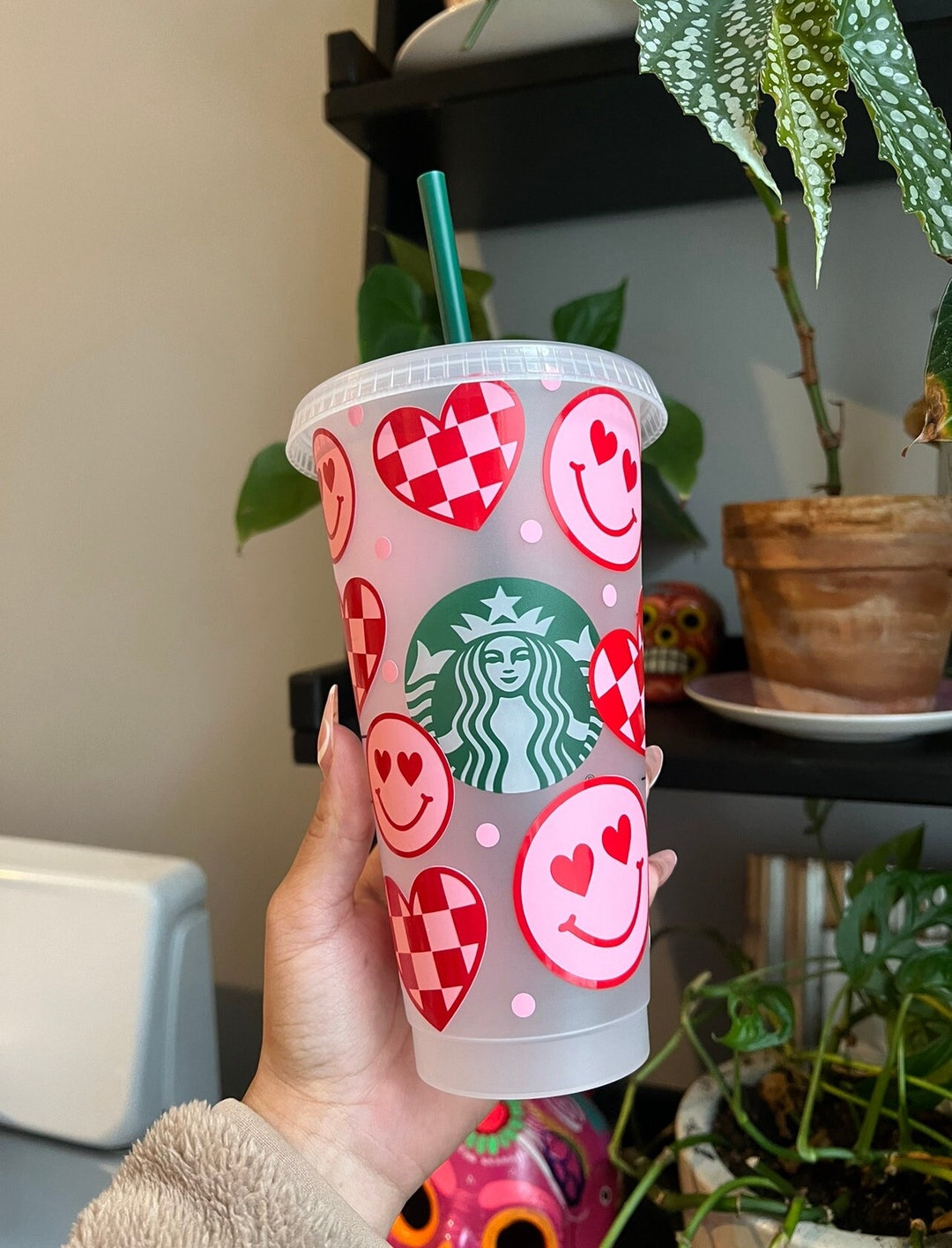 Heart Eyes Smiley Face Cup | Checkered Heart Cup | Valentine's Day ...