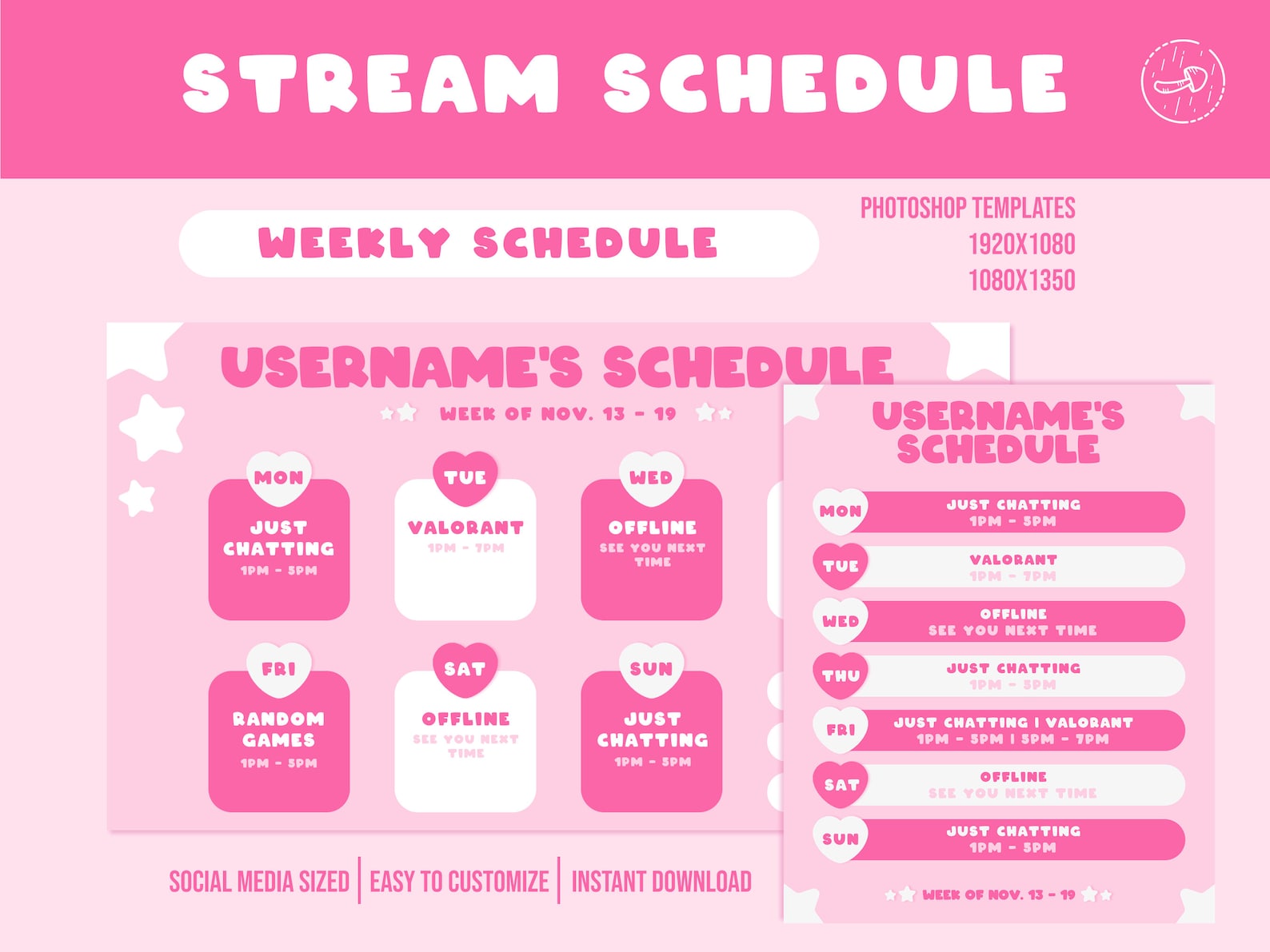 Stream Weekly Customizable Schedule | Twitch Kick Social Media Weekly ...