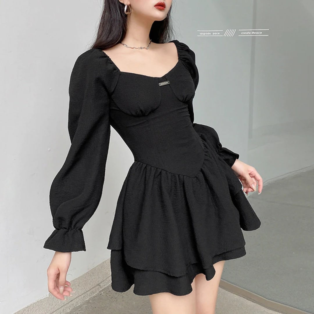 Black Mini Dress A-line Dress Ruffle Dress Solid Square - Etsy