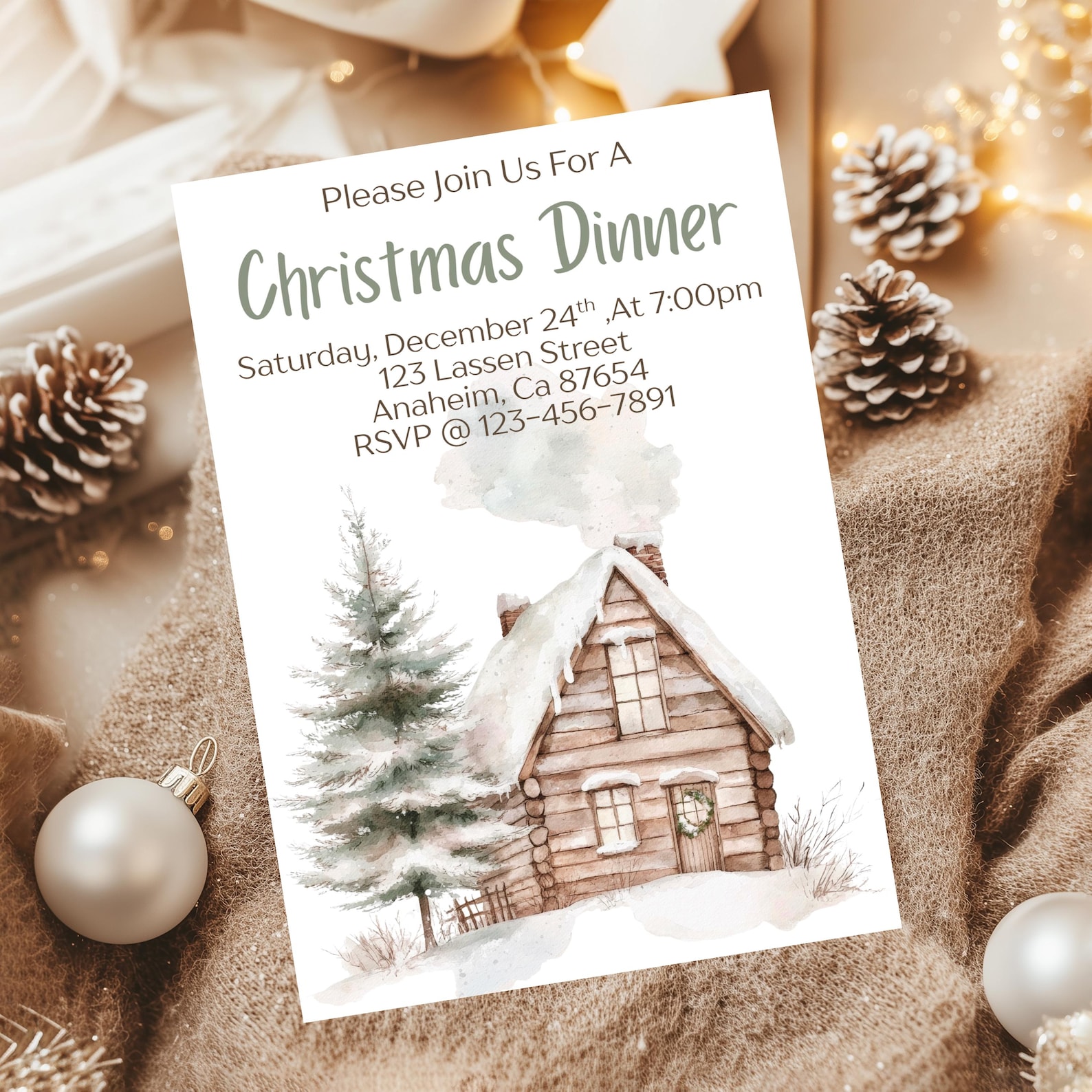 Rustic Christmas Dinner Invitation Template Cozy Cabin Holiday Party ...