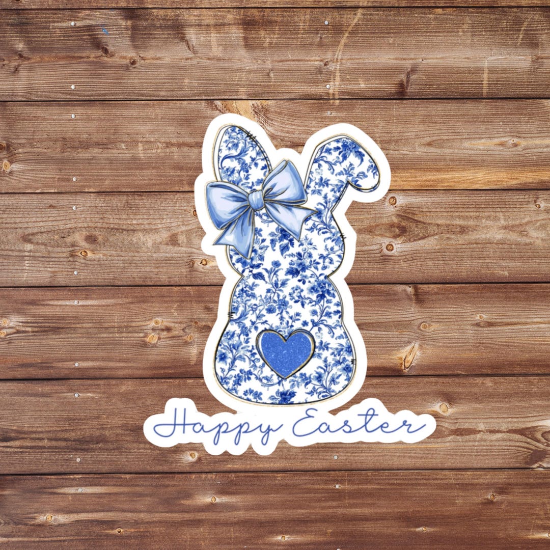 Happy Easter Blue Bunny Sticker Cute Blue Toile Coquette Rabbit Sticker ...