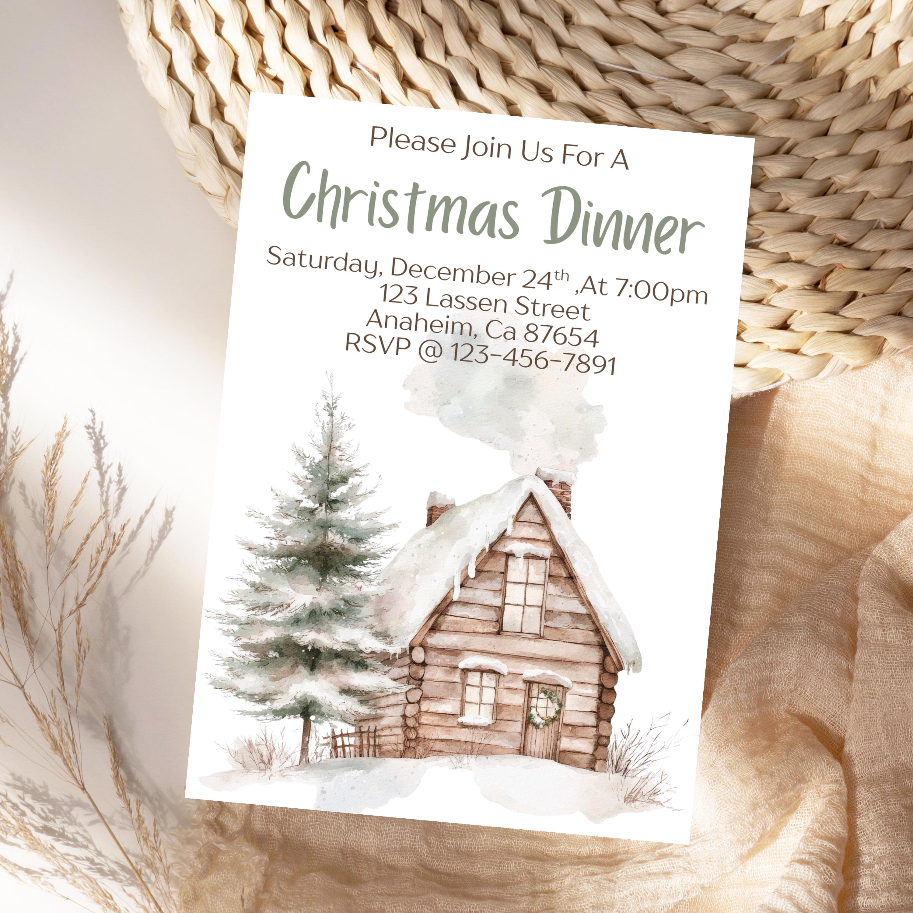 Rustic Christmas Dinner Invitation Template Cozy Cabin Holiday Party ...