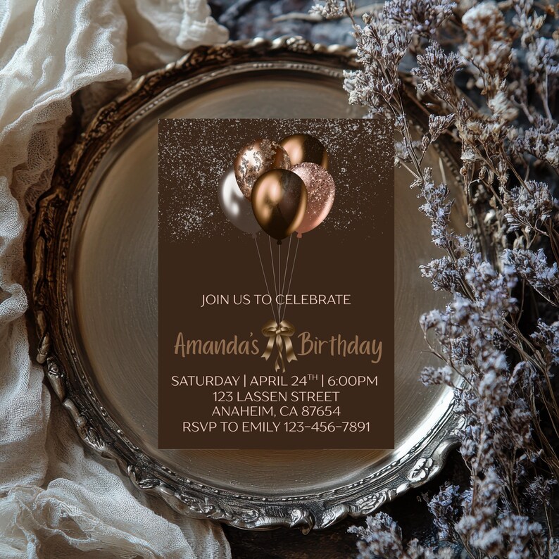 Elegant Brown Birthday Party Invitation: Editable Canva Template (5x7 ...
