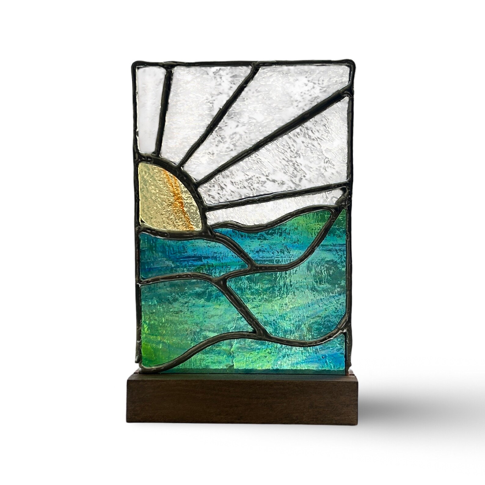 Ocean Sunrise Suncatcher Stained Glass Suncatcher Desk Art Wooden Stand ...