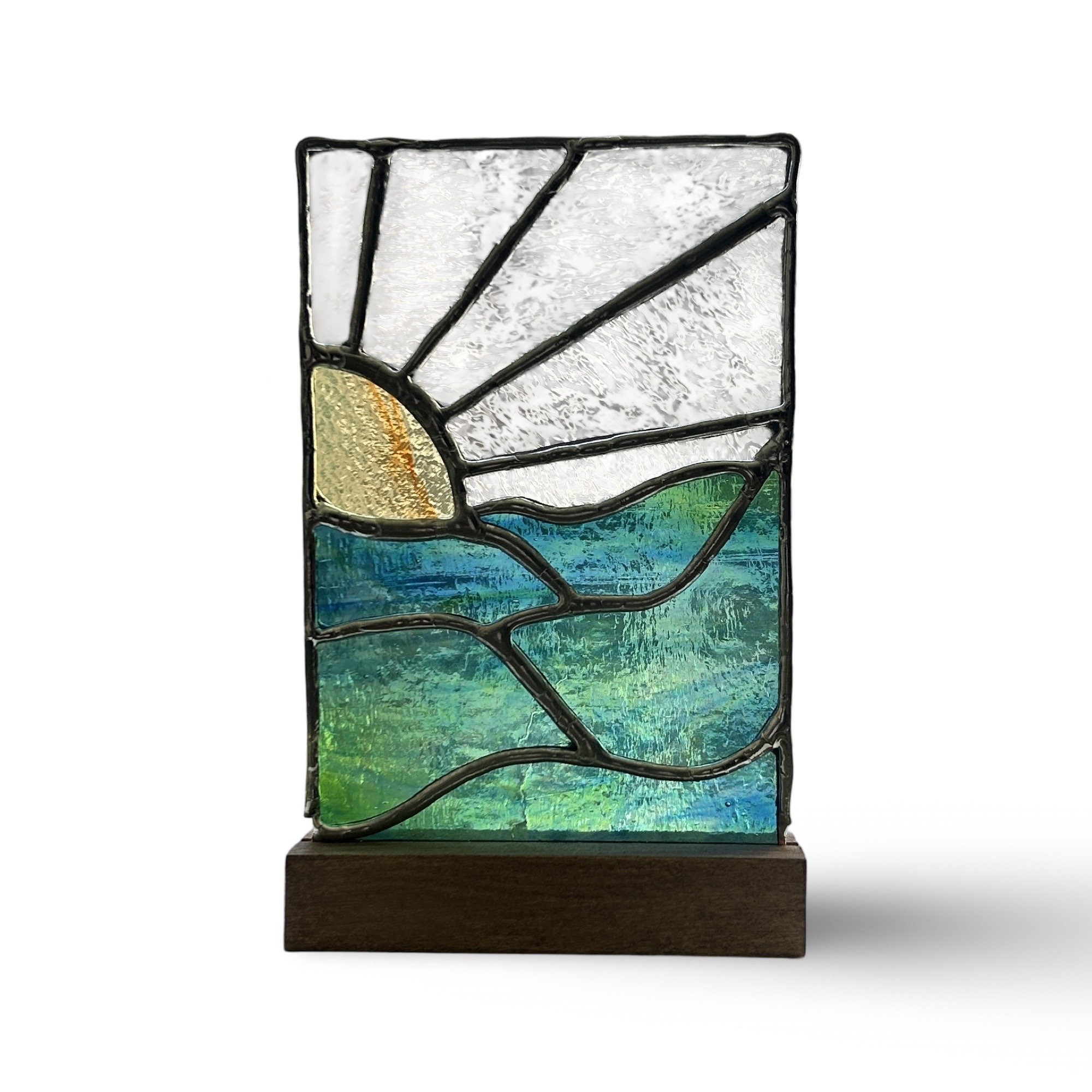 Ocean Sunrise Suncatcher Stained Glass Suncatcher Desk Art Wooden Stand ...