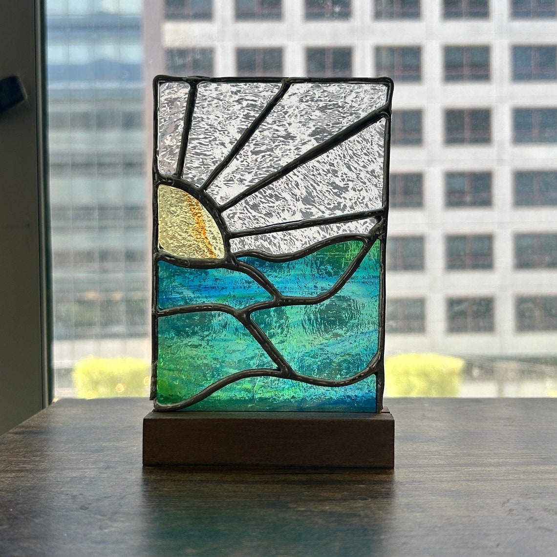 Ocean Sunrise Suncatcher Stained Glass Suncatcher Desk Art Wooden Stand ...