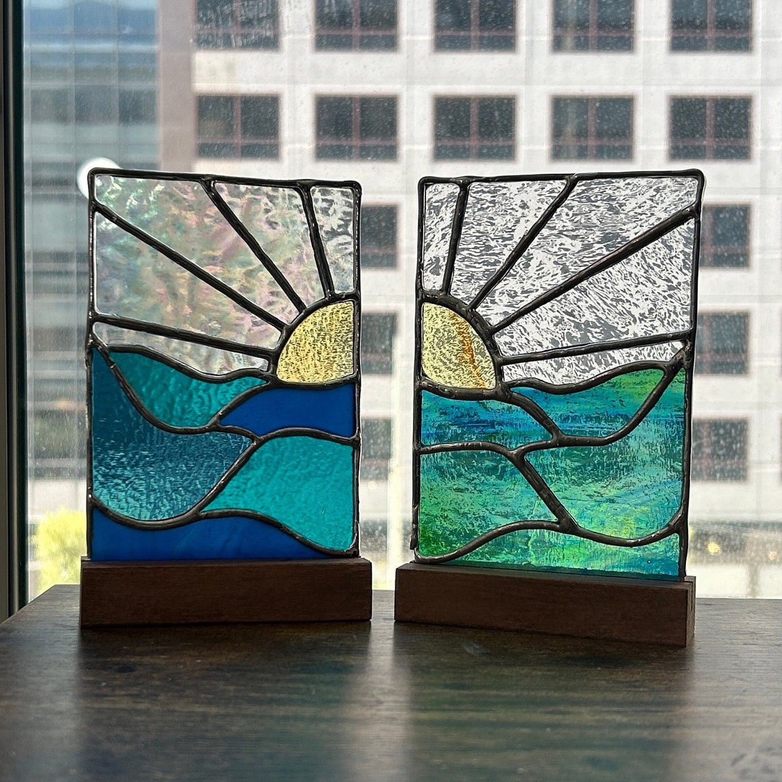 Ocean Sunrise Suncatcher Stained Glass Suncatcher Desk Art Wooden Stand ...