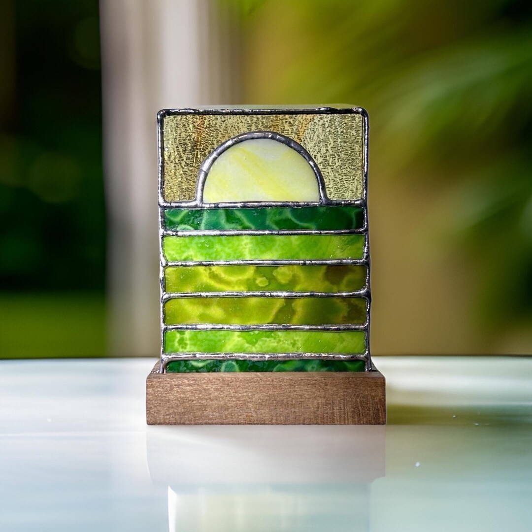 Hills Sunrise Suncatcher Stained Glass Suncatcher Shelf Art Wooden ...