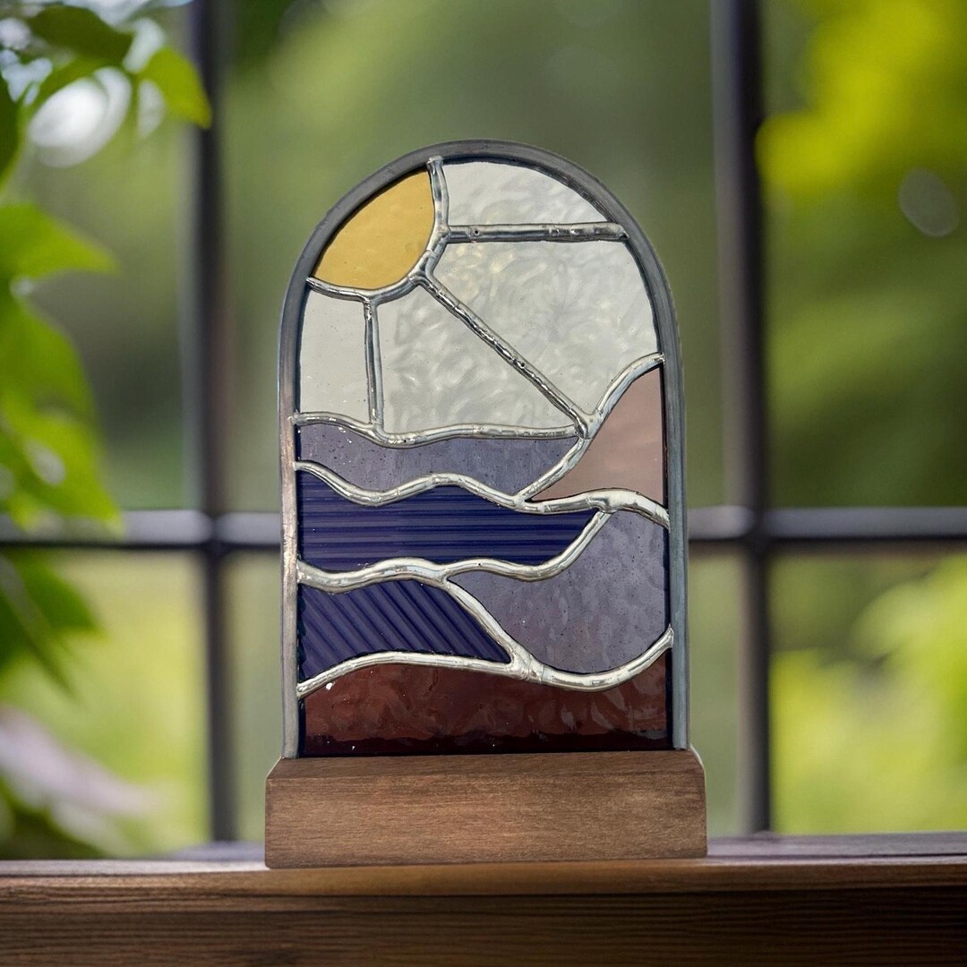 Purple Haze Landscape Suncatcher Dark Oak Wood Stand Stained Glass ...