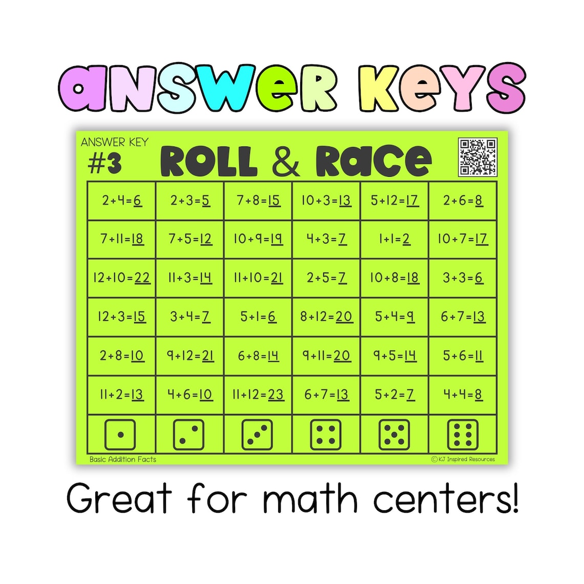 Roll and Race Addition Game: Printable Math Center Activity (facts 0-12 ...
