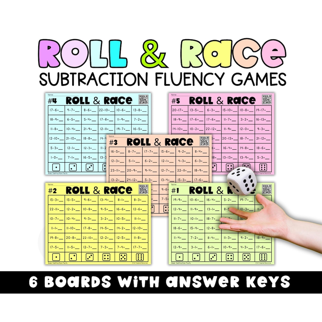 Roll and Race Subtraction Game Printable | Math Fact Fluency Practice 0 ...