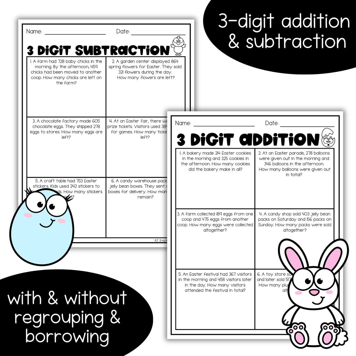 Easter Math Word Problems Worksheets | 3 Digit Addition and Subtraction ...