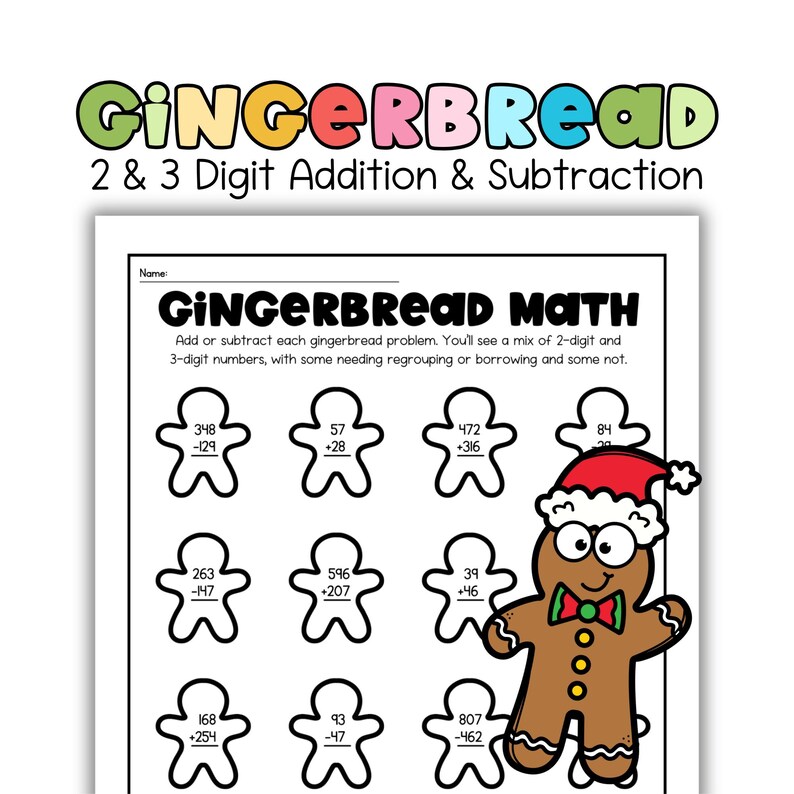 Gingerbread Math Worksheets | 2 & 3 Digit Addition and Subtraction ...