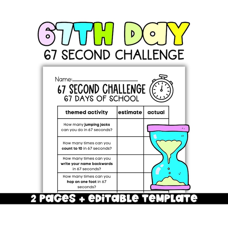 67th Day of School Activity | 67 Second Challenge Printable & Editable ...