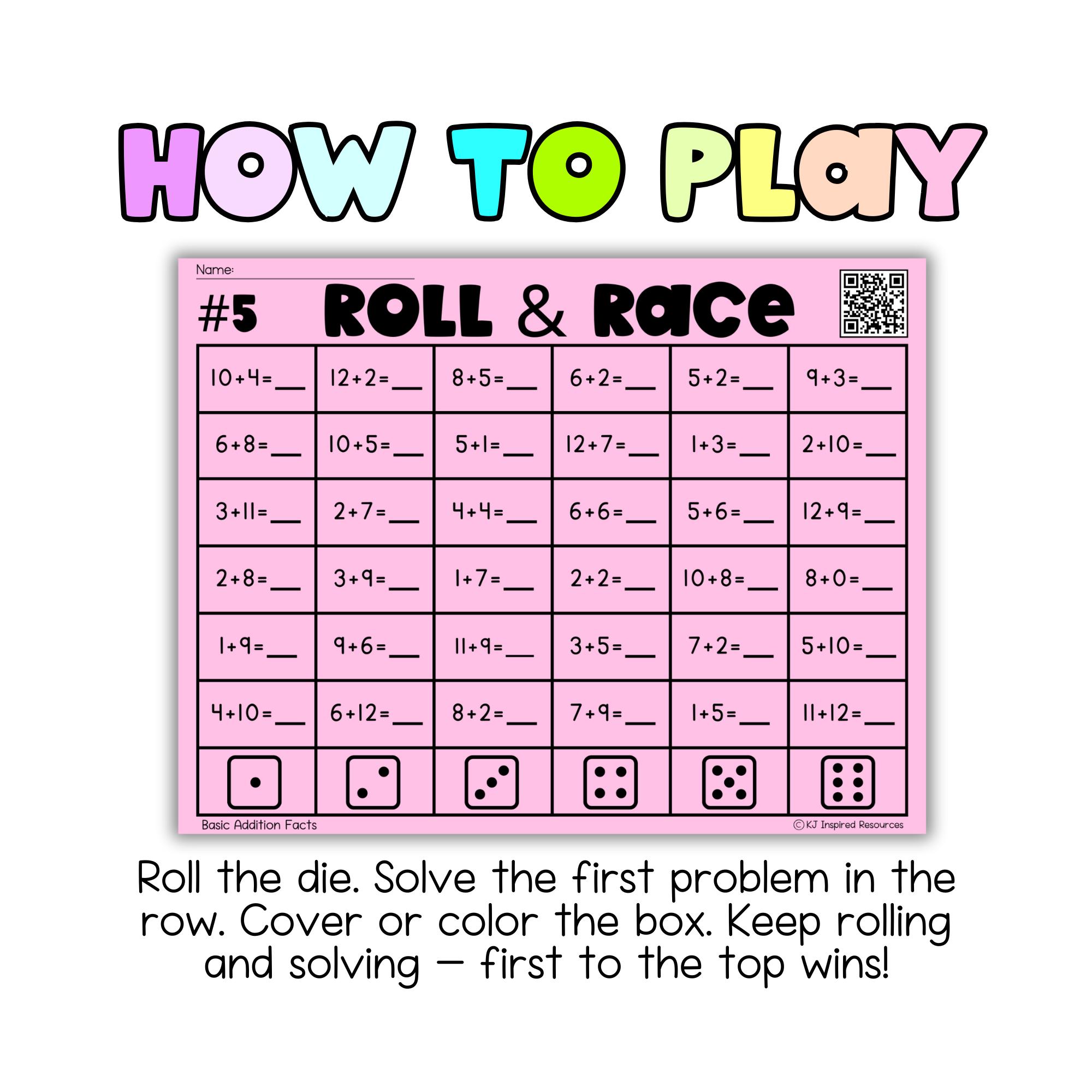 Roll and Race Addition Game: Printable Math Center Activity (facts 0-12 ...