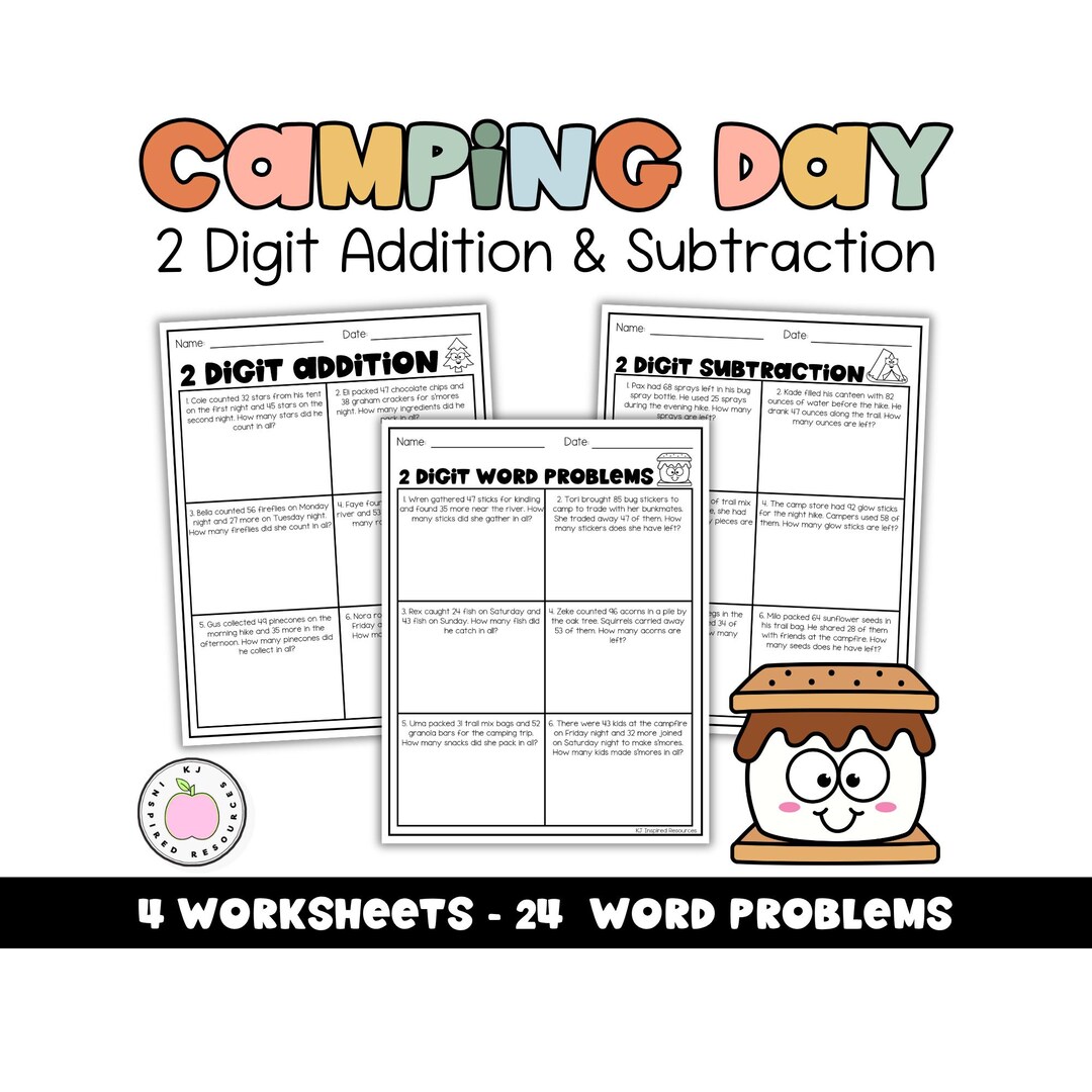 Camping Day Theme Math Word Problems 2 Digit Addition Subtraction ...