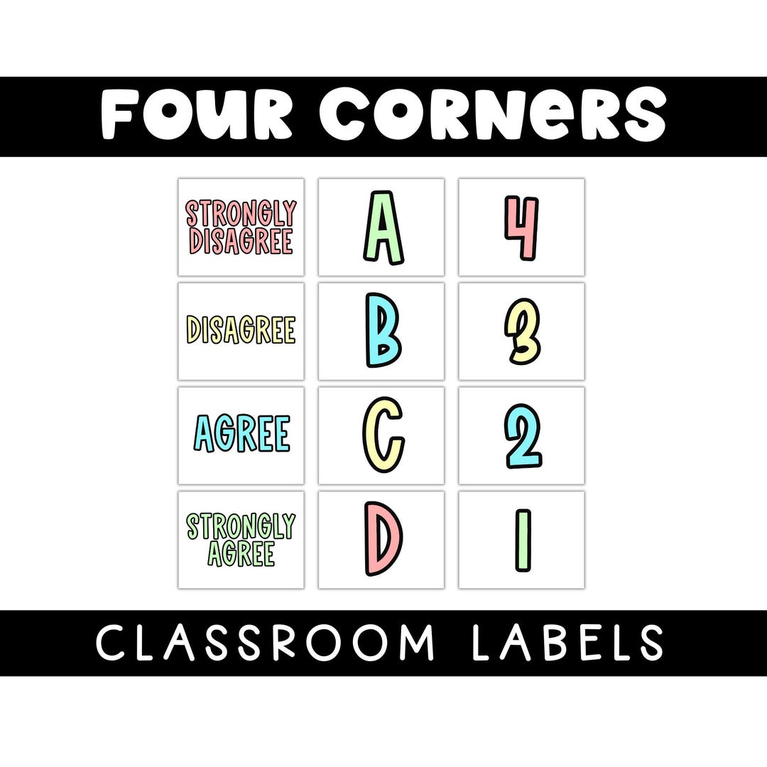 Four Corner Classroom Labels: Agree Disagree & ABCD Number Options ...