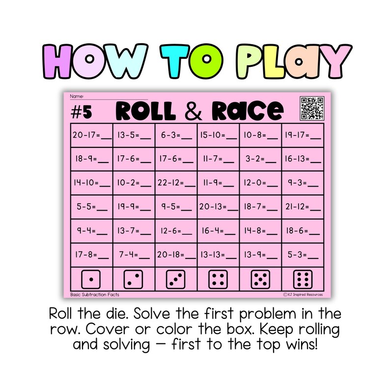 Roll and Race Subtraction Game Printable | Math Fact Fluency Practice 0 ...