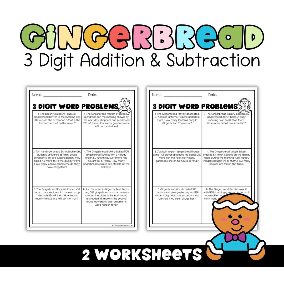 Gingerbread 3-digit Addition & Subtraction Word Problems Worksheets ...