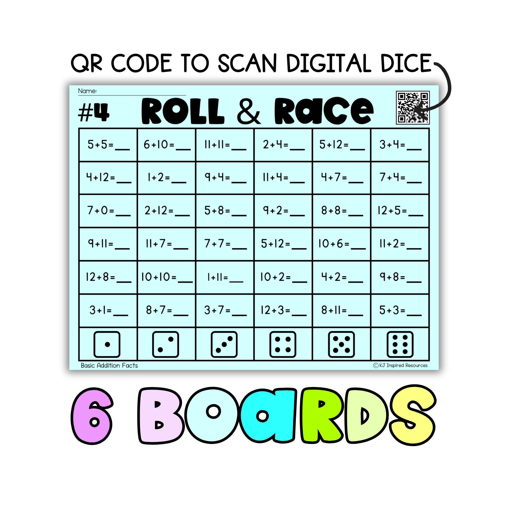 Roll and Race Addition Game: Printable Math Center Activity (facts 0-12 ...