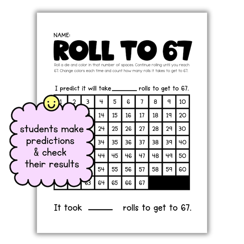 Roll to 67 Math Worksheet and Dice Game | 67th Day of School Counting ...