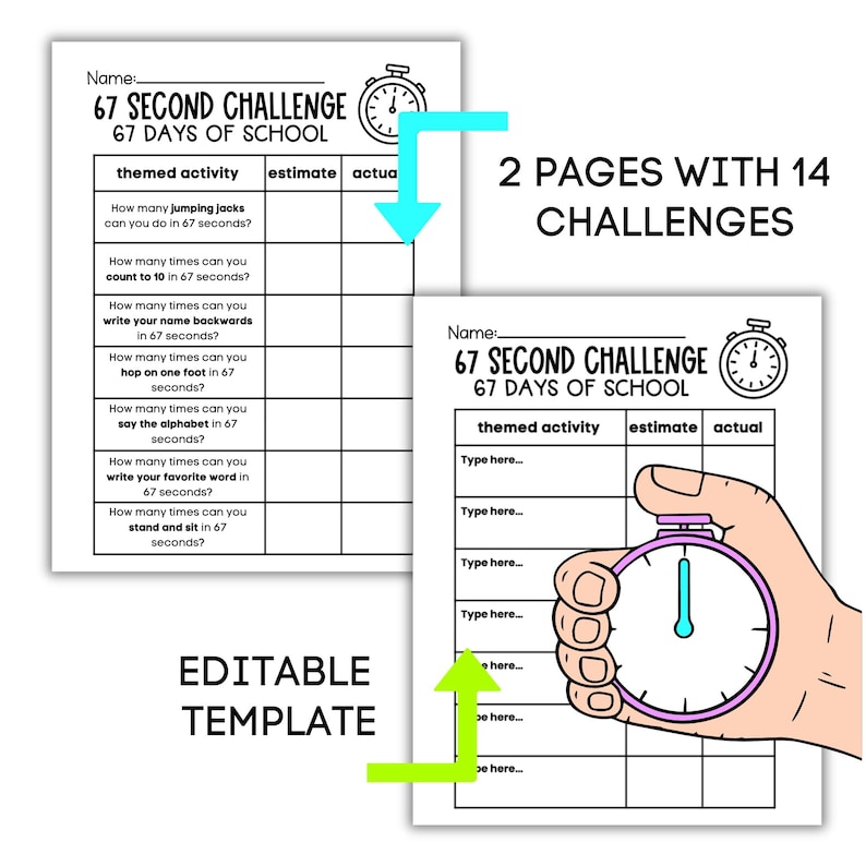 67th Day of School Activity | 67 Second Challenge Printable & Editable ...