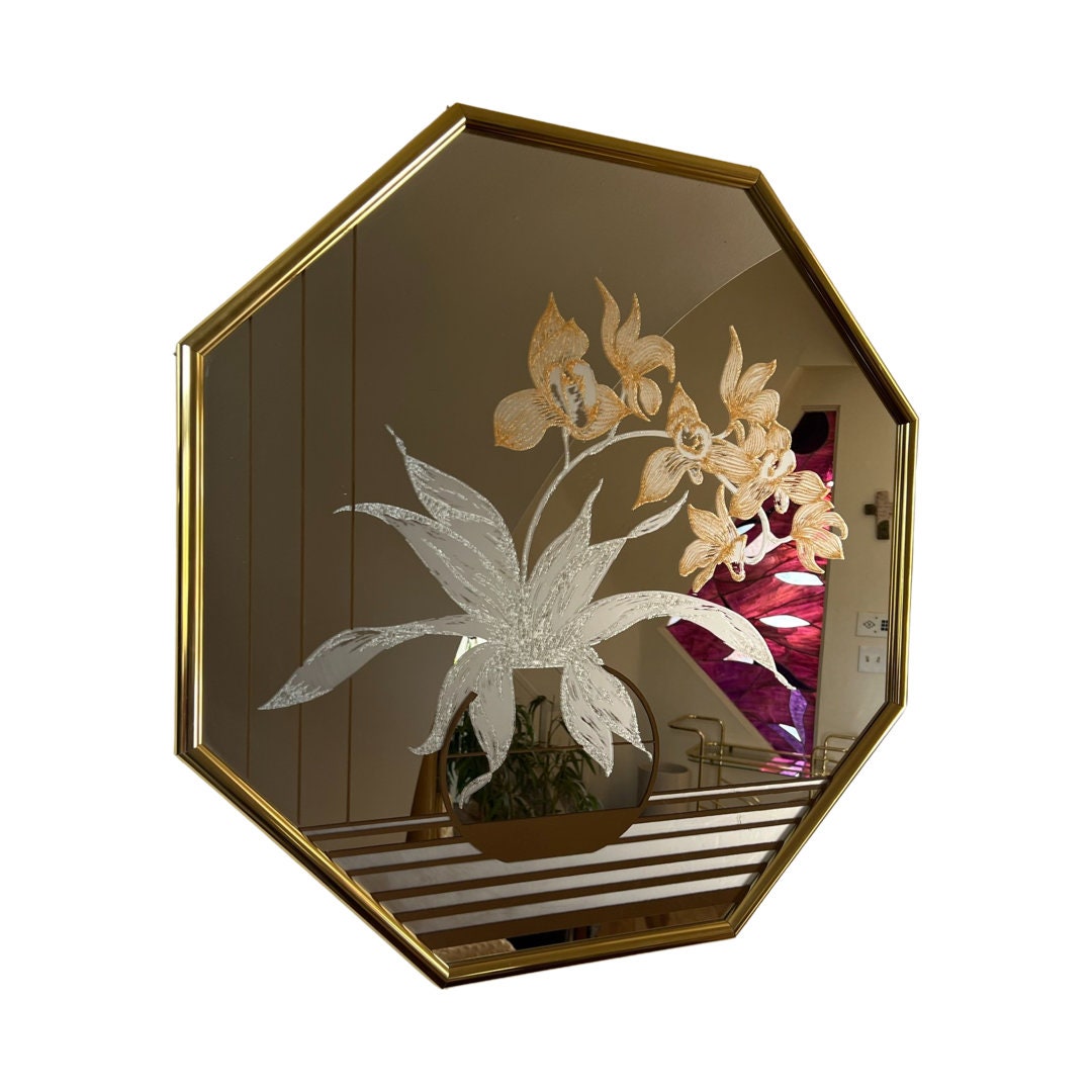Vintage Postmodern 1980s Windsor Octagon Wall Mirror Brass Flowers Vase ...