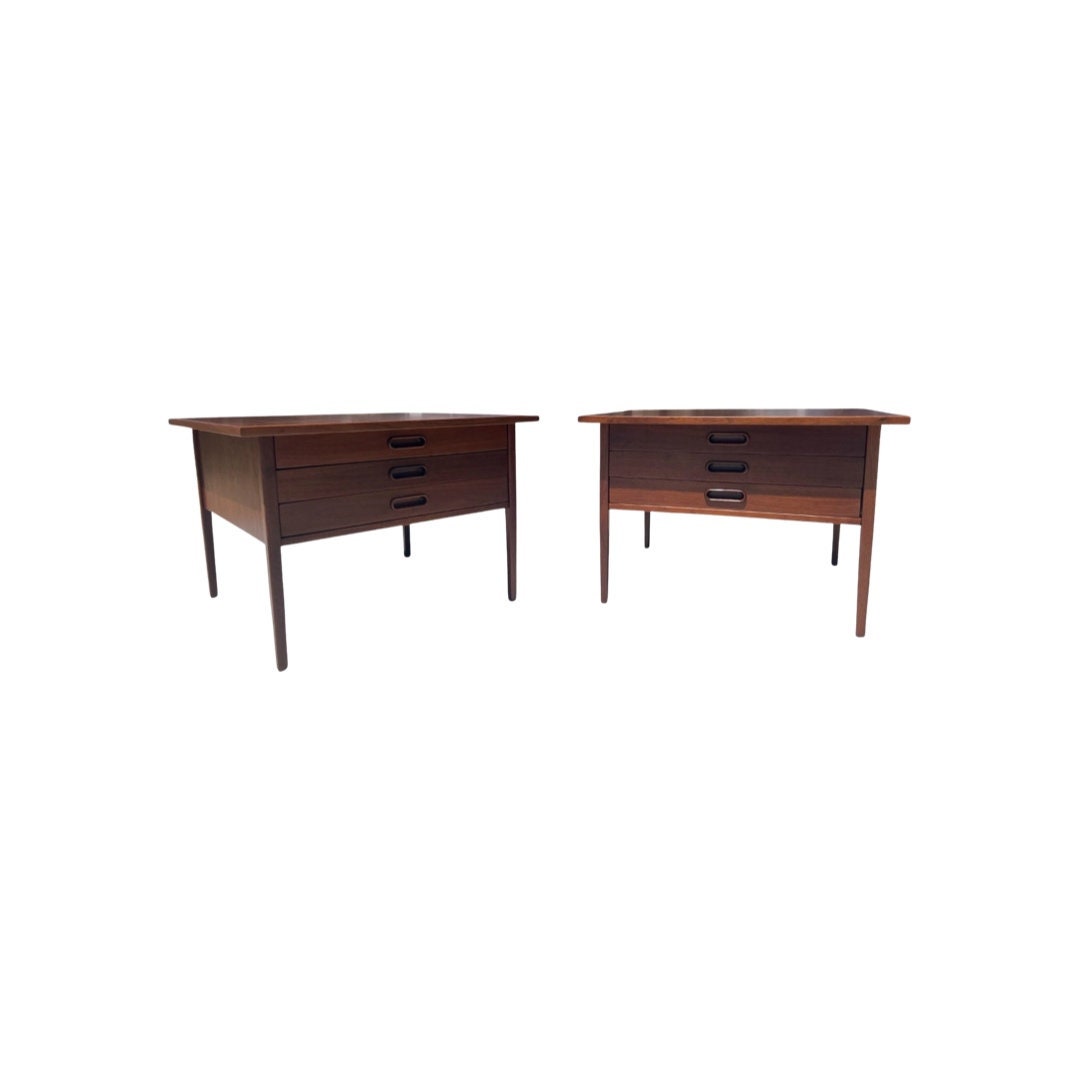 Pair Mid Century Modern Pair Three Drawer Walnut End Tables Nightstands ...
