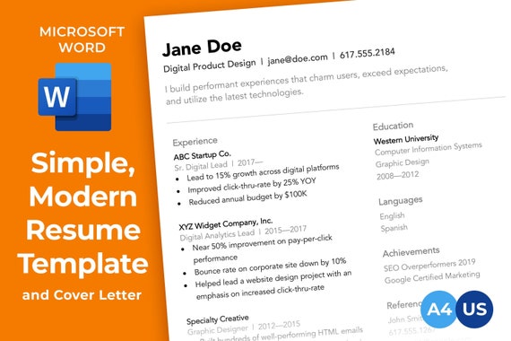 One Page Modern Resume Template for Microsoft Word With Cover | Etsy