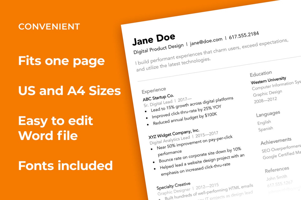 One Page Modern Resume Template for Microsoft Word With Cover | Etsy