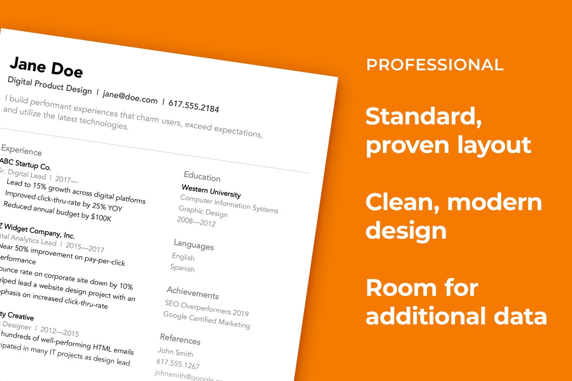 One Page Modern Resume Template for Microsoft Word With Cover | Etsy