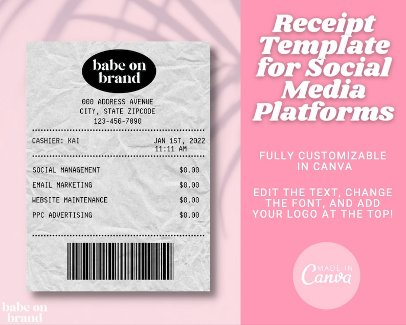Receipt Template for Social Media Platforms (canva) | Babe on Brand - Etsy