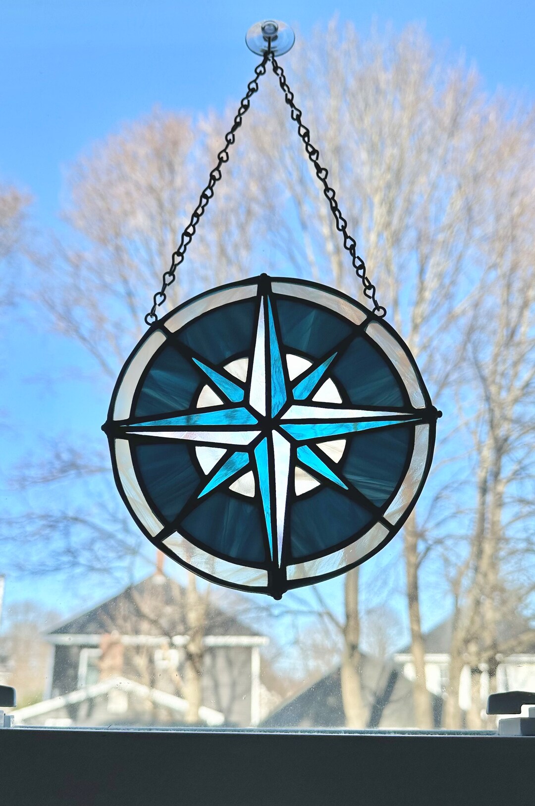 Stained Glass Compass Rose Blue Nautical Suncatcher - Etsy