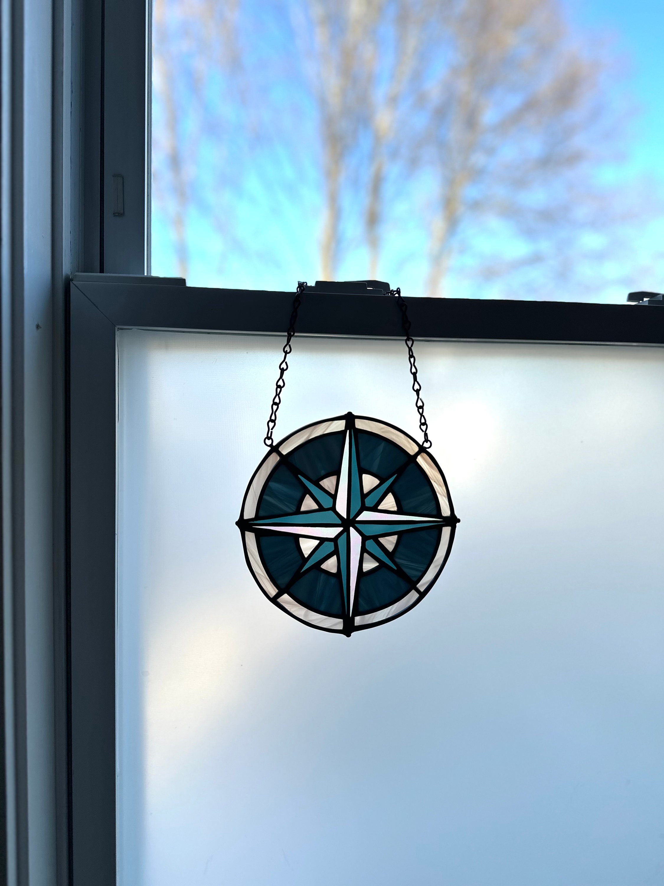 Stained Glass Compass Rose Blue Nautical Suncatcher - Etsy