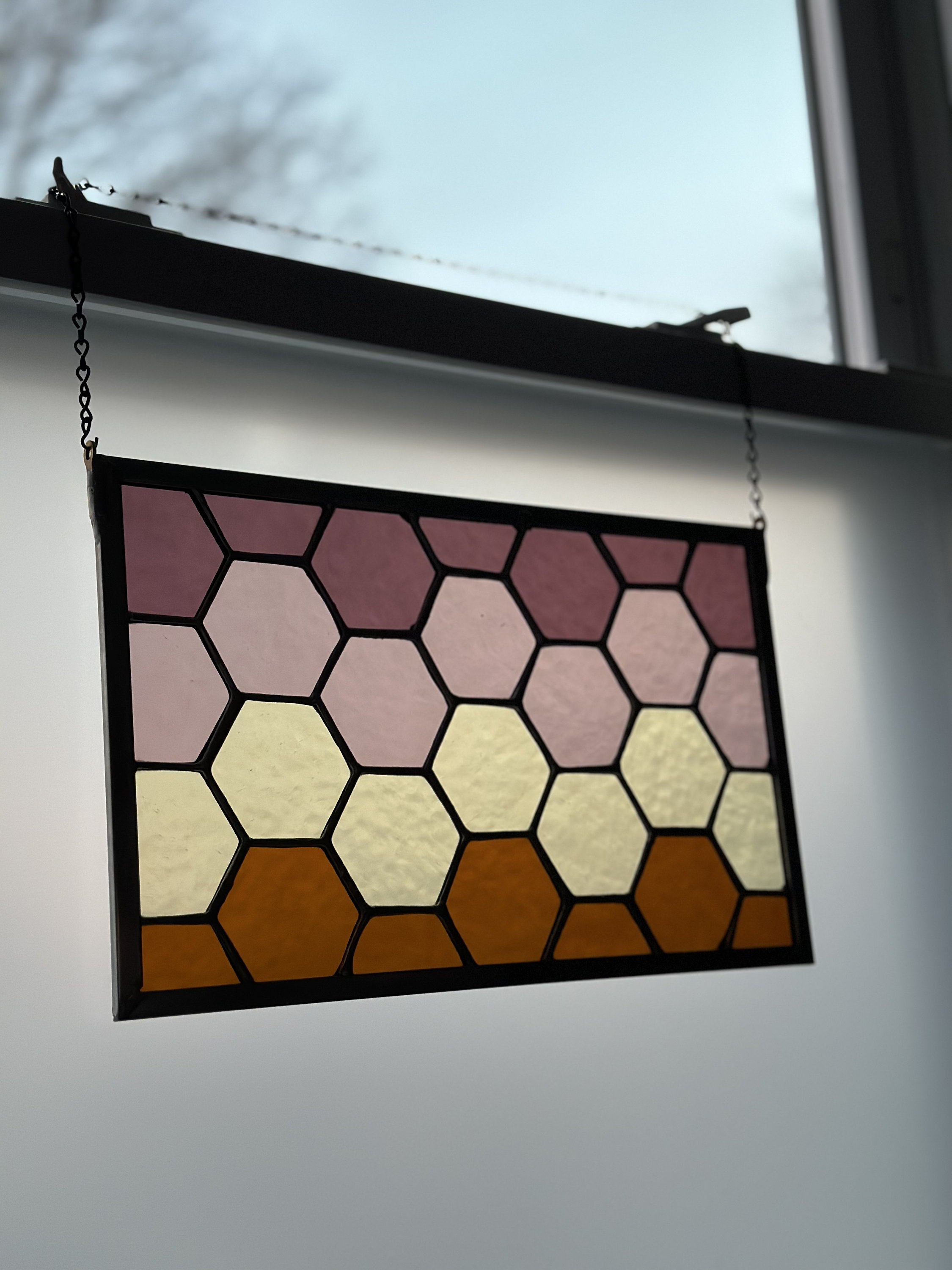 Honeycomb Stained Glass Panel Framed Honeycomb Rectangular Suncatcher ...