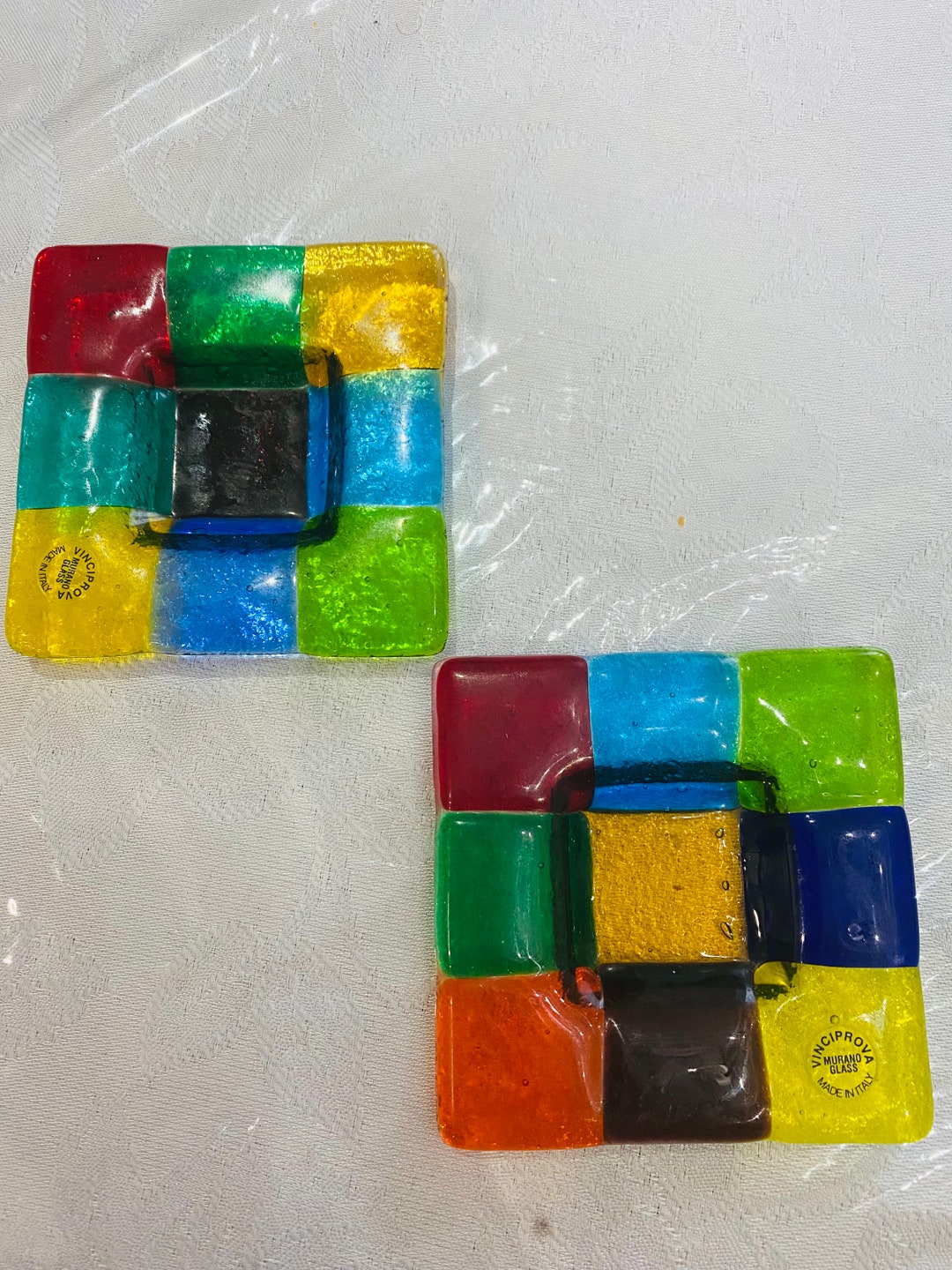 MURANO Vintage Fused Glass Plate Tray Trinket Dish Square Multi Color ...