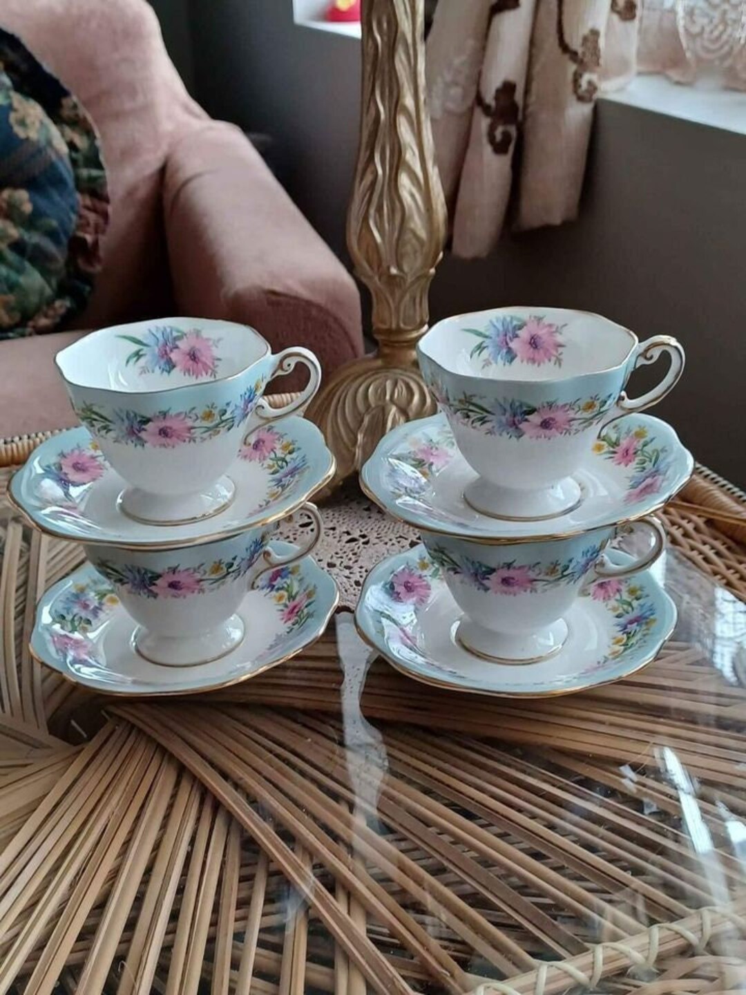 50% SALE Vintage Foley Cornflower 4 -set Teacups ( 15 Dollars Each Set ...